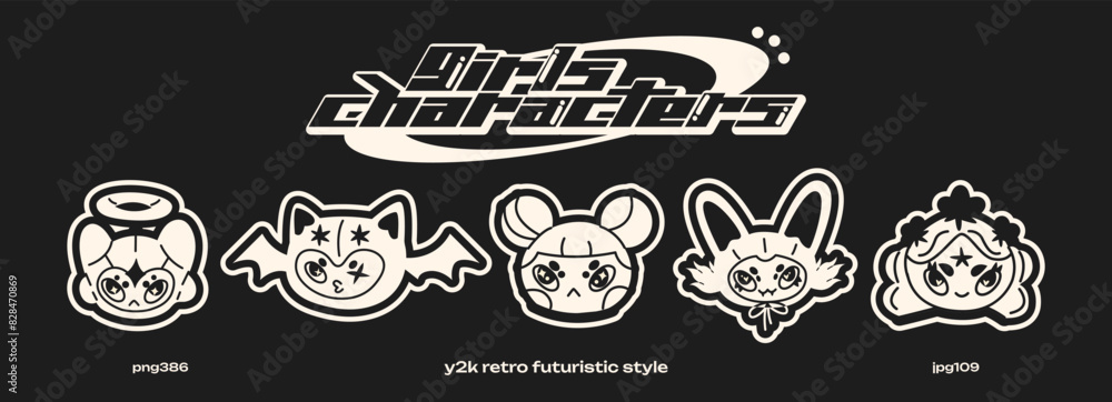 Y2k cartoon mascots girls heads characters in the retro 2000s style ...
