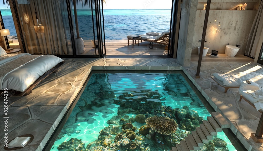 Luxury overwater bungalow with glass-bottom floors, unobstructed vistas ...
