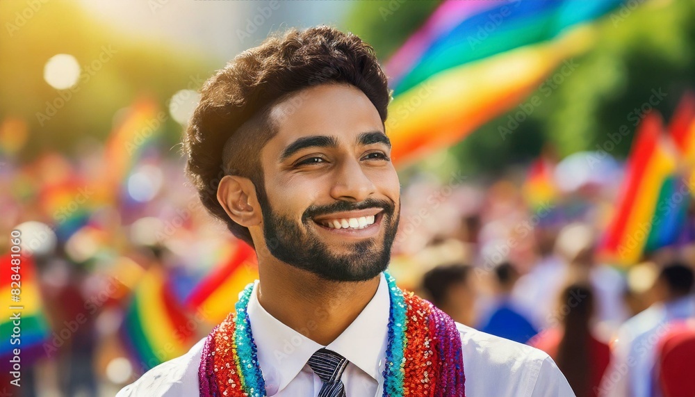 handsome man on a blurred background of the lgbt month queer pride ...
