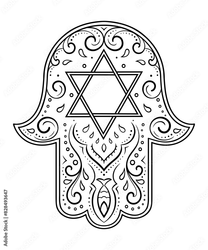 Hamsa hand drawn symbol with flower and the Star of David. Decorative ...