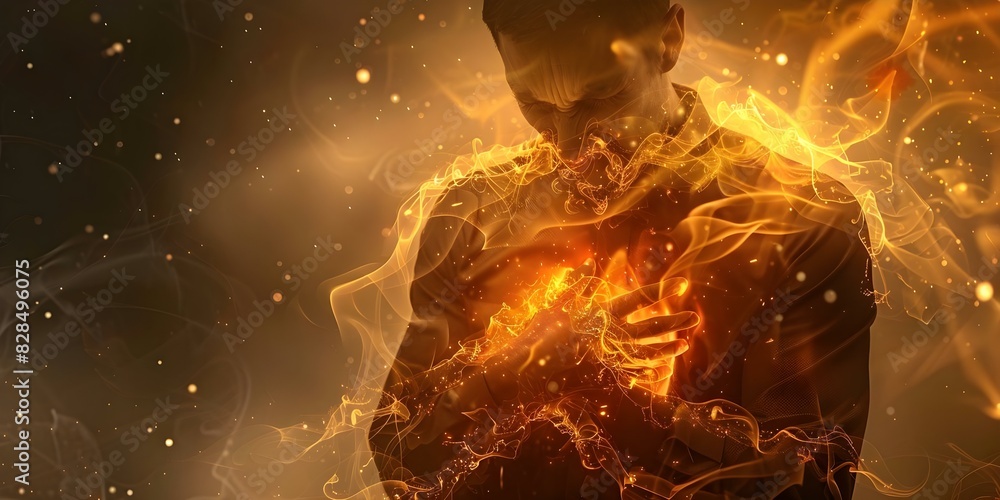 Person holding chest in pain with flames and acid rising. Concept ...