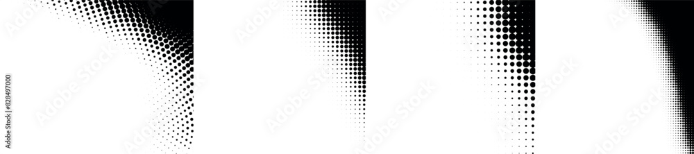Set of halftone curve corners. Dot backgrounds. Half tone textures. Gradient dots patterns ...