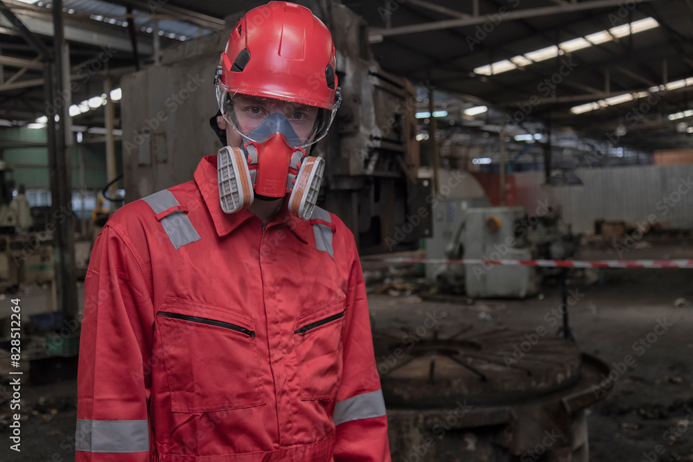 Portrait worker in protective helmet and mask. Workers wear protection ...