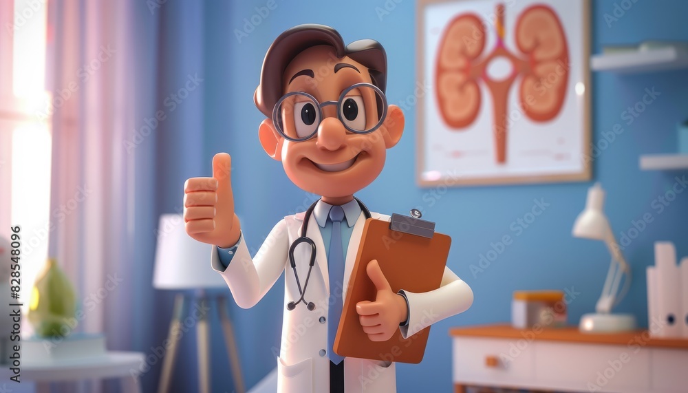 Amiable cartoon kidney doctor character holding a clipboard and giving ...
