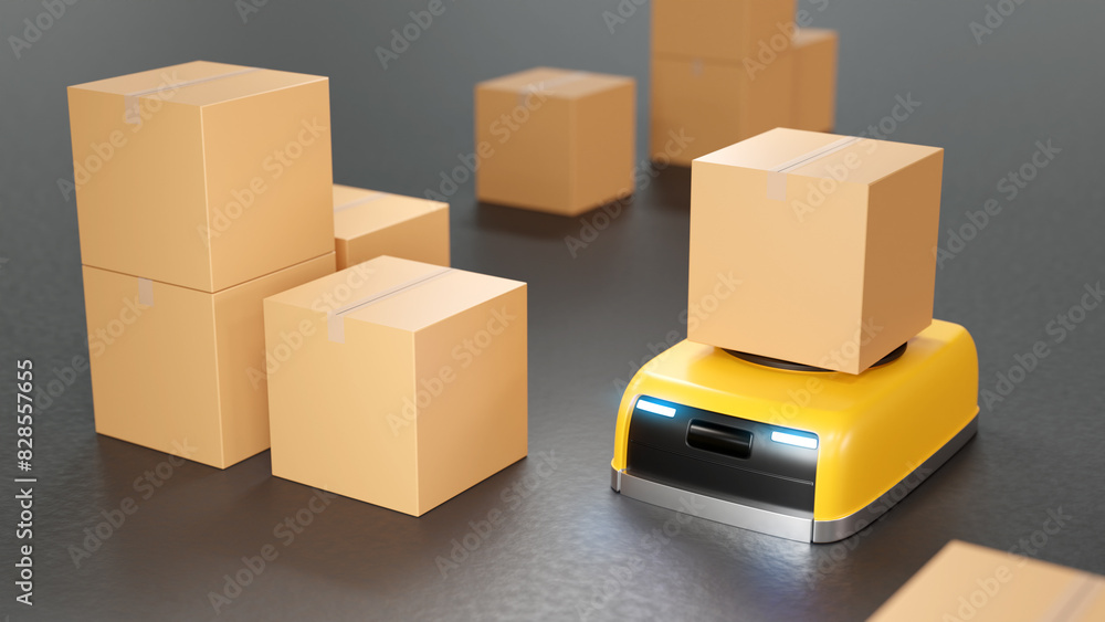 Foto de Stock Automated guided vehicles. Warehouse robot with box ...