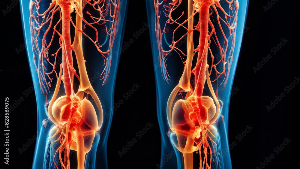 The medical illustration depicts the human lower extremities with ...