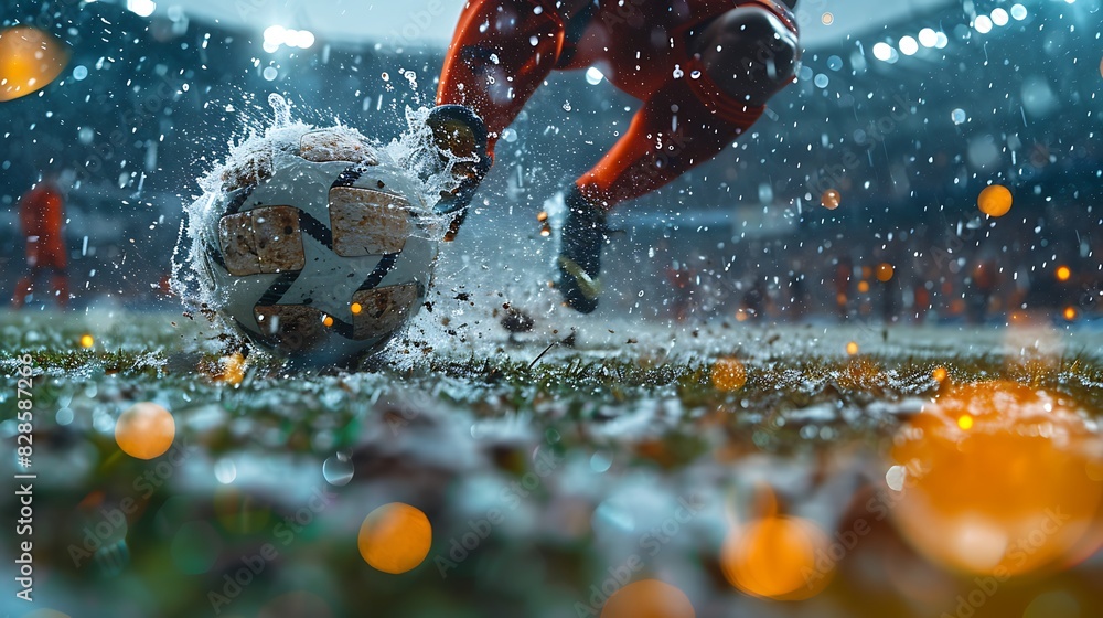 man executing a perfect free kick in the rain on a football field using ...