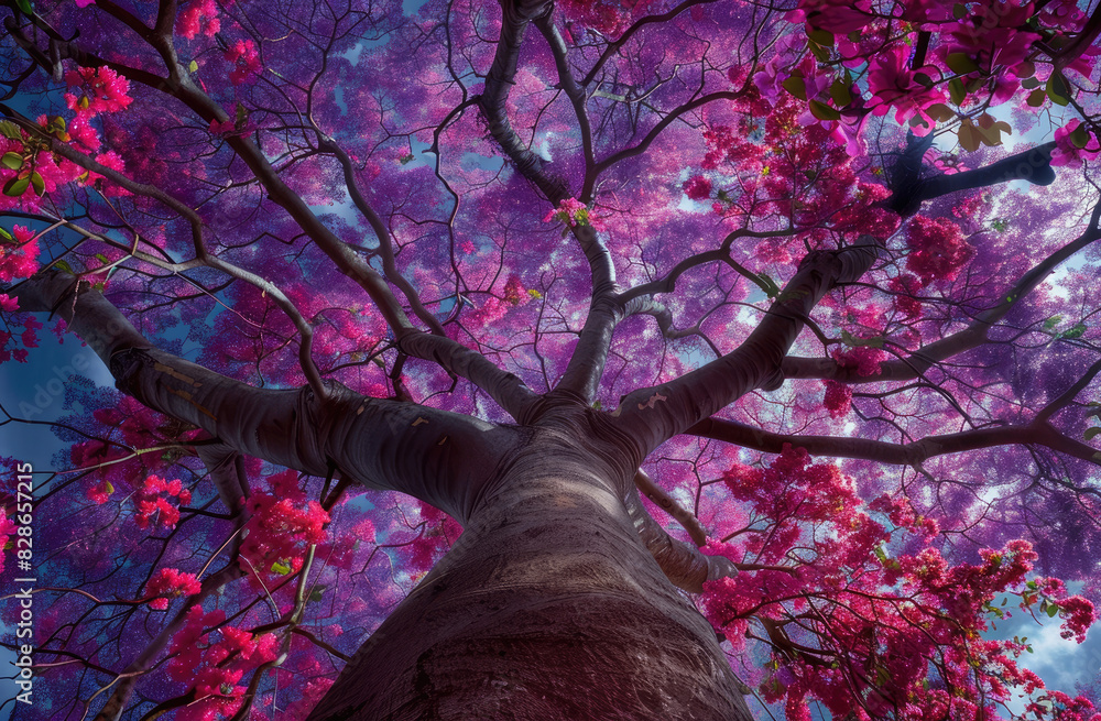 The pink tree of life blooms in the sky, with huge branches reaching up ...