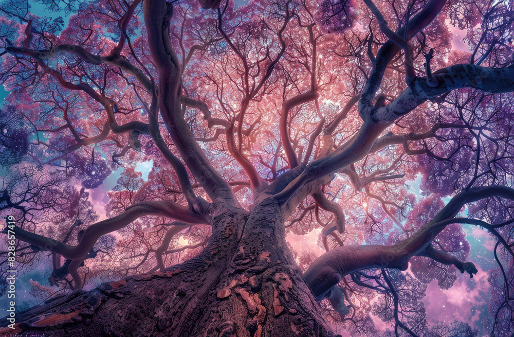 The pink tree of life blooms in the sky, with huge branches reaching up ...