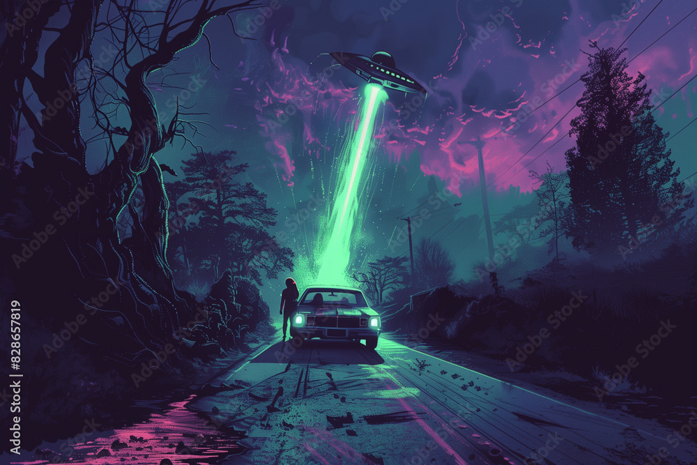vintage-style blacklight poster featuring a dramatic scene of aliens ...