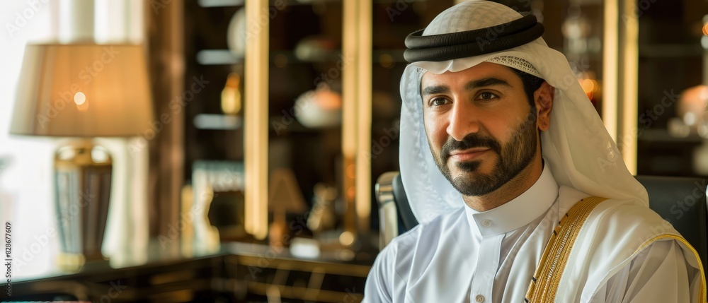 a handsome man wears a dish dasha, reflecting traditional Emirates ...