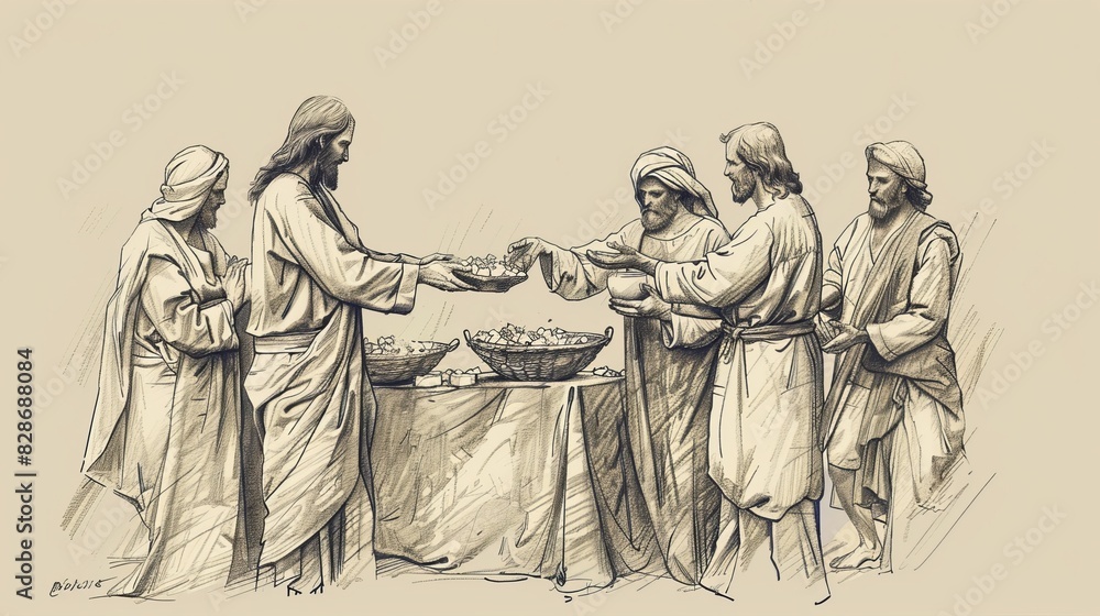 Ilustração Jesus Blessing Five Loaves and Two Fish, Disciples ...