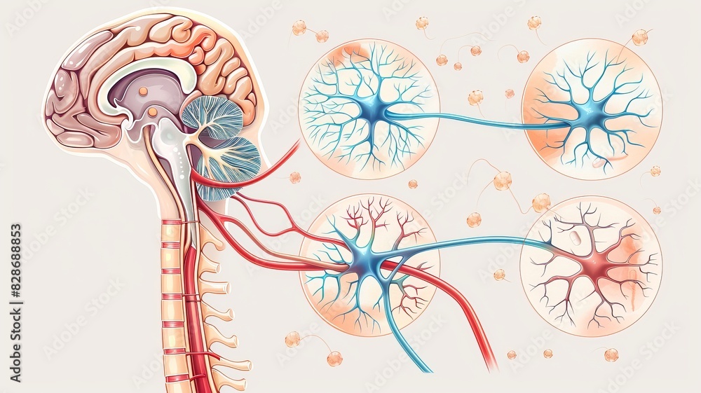 Detailed anatomical illustration of brain and nerve cells. Includes ...