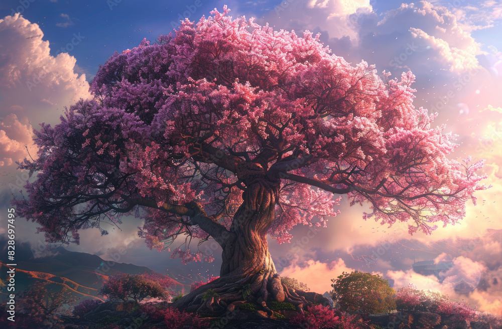 The pink tree of life blooms in the sky, with huge branches reaching up ...