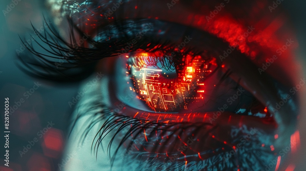 Human eye with advanced digital overlays, glowing red holographic ...