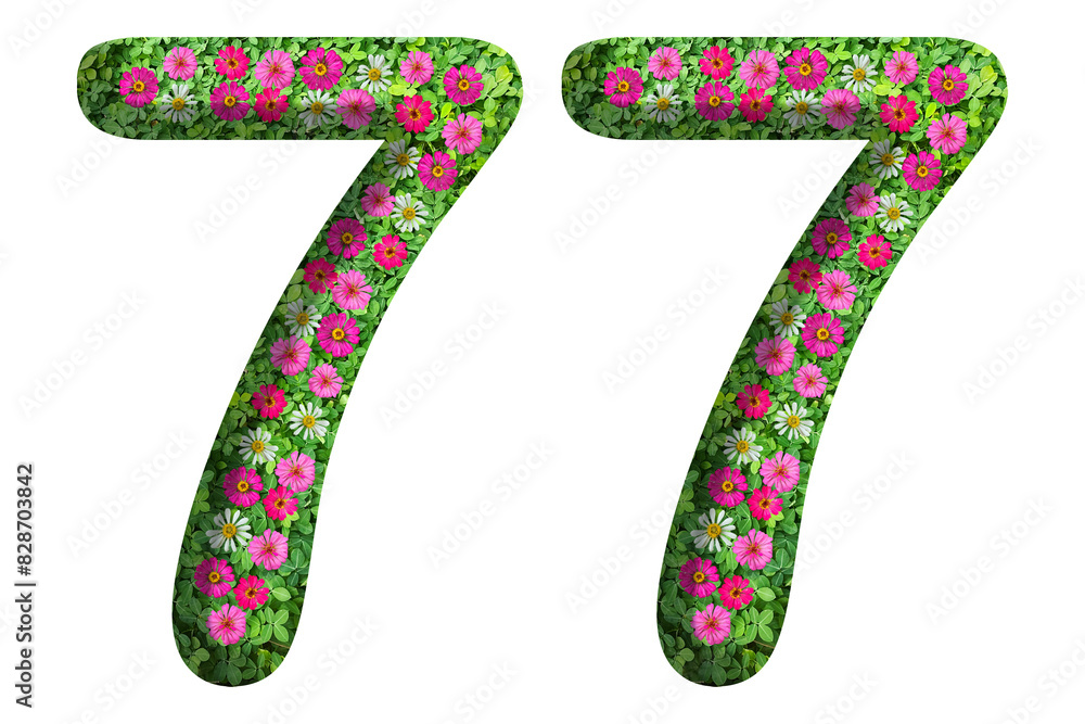 3d of the number 77 is made of green grass and beautiful flower ...