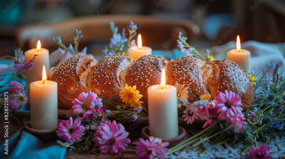 religious celebrations, traditional shavuot table adorned with candles ...
