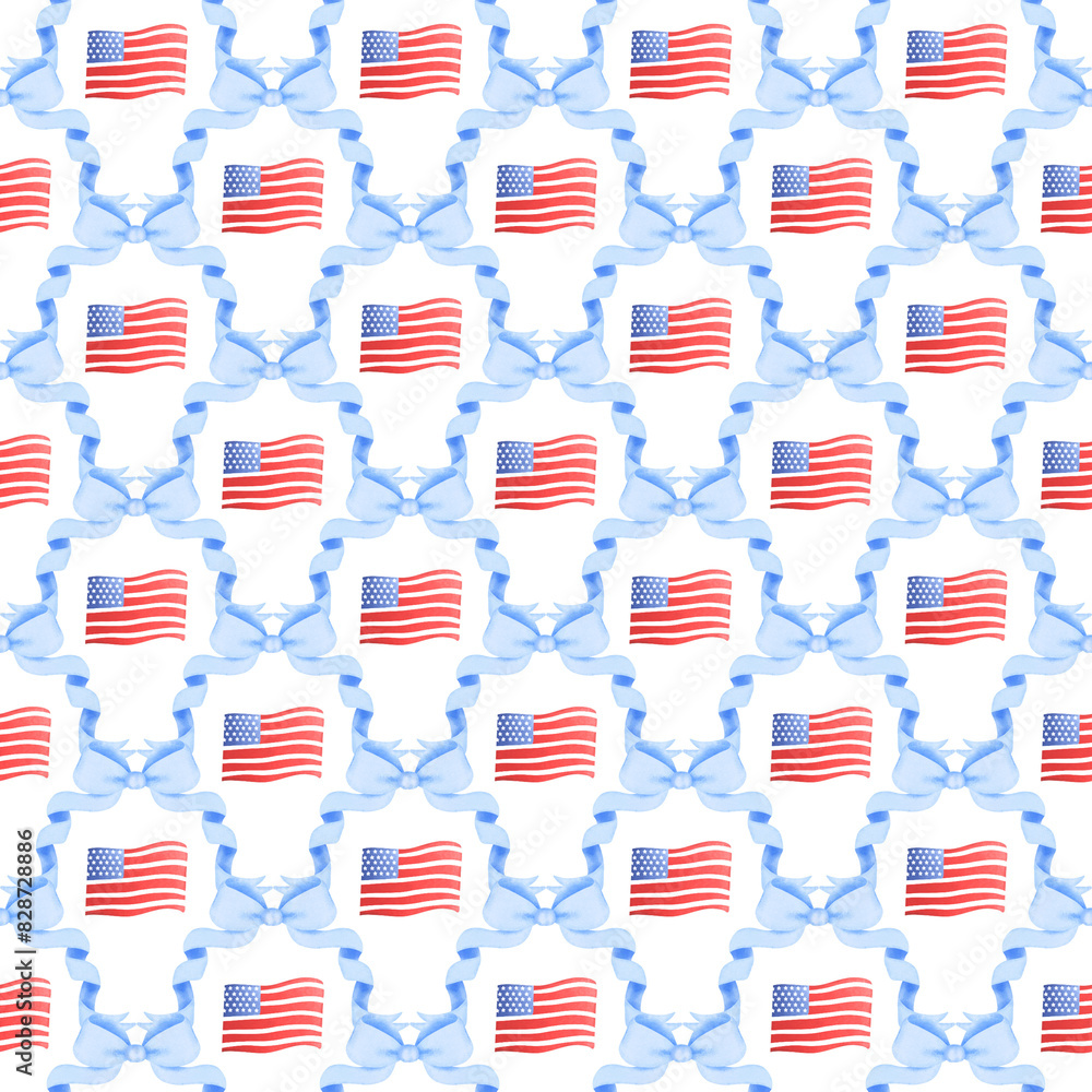 Patriotic Coquette Bow Seamless Repeat Pattern, USA Ribbon Flag ...