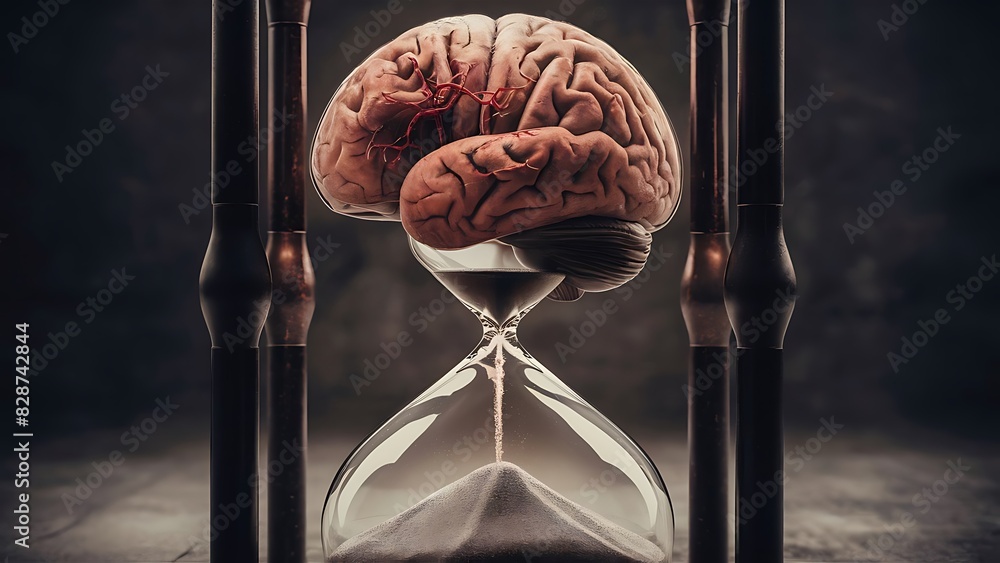 Human brain in hourglass, medical and psychology concept, brain aging ...