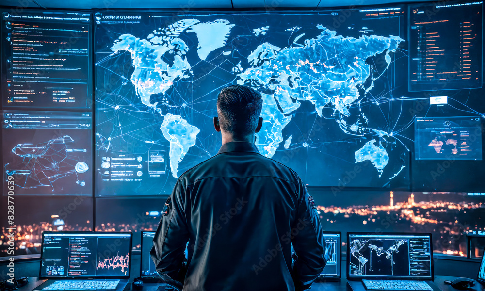 Big Empty Data Monitoring Center with Global Map on huge Digital Screen. person back view stands ...