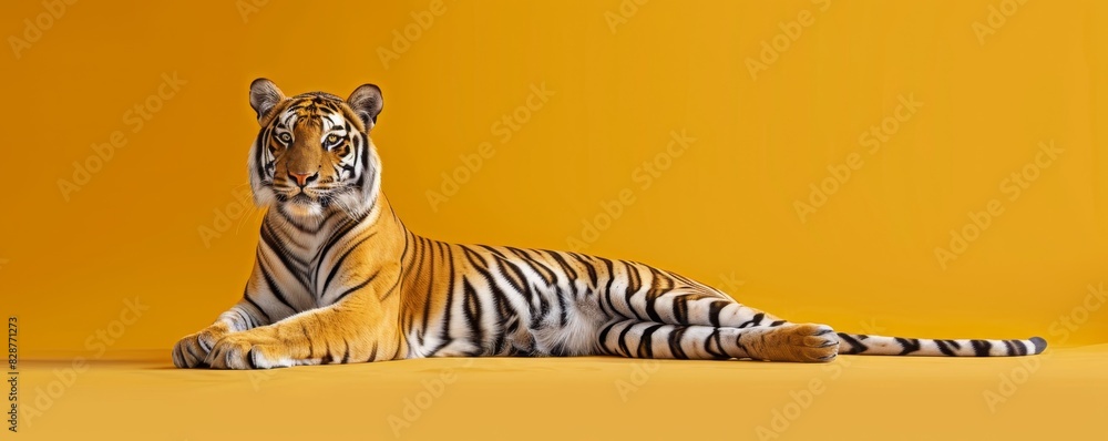 Tiger lying down on a yellow pastel background, with space for copy. A ...