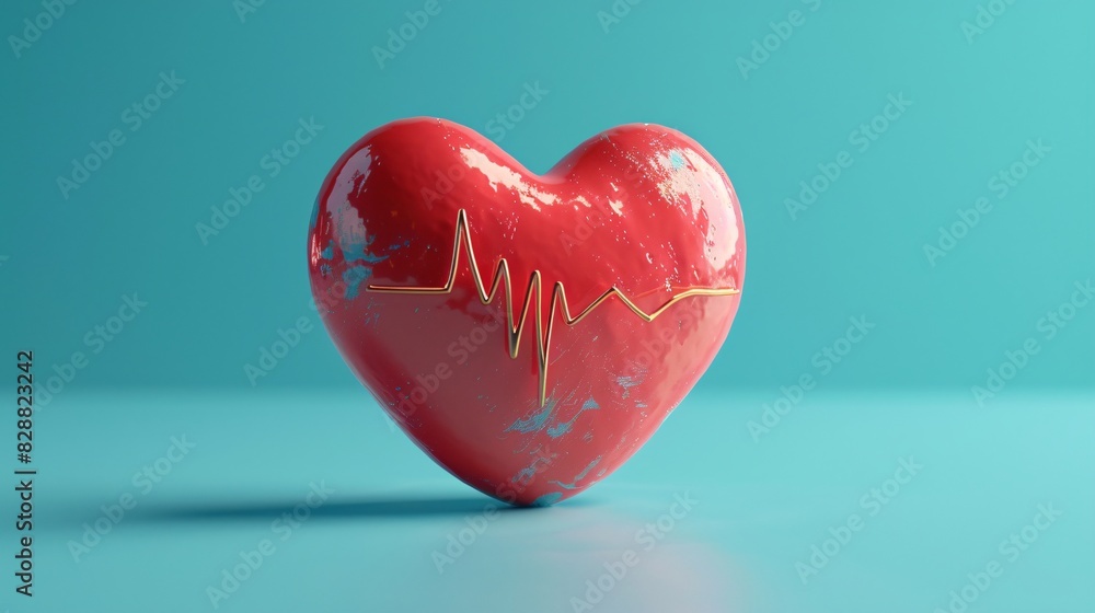 Red heart model showing heartbeat pattern on light blue background ...