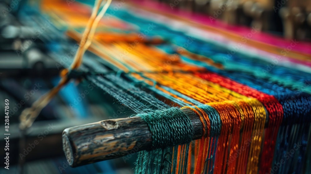 Brightly colored threads on a dark loom, depicting the creative and ...