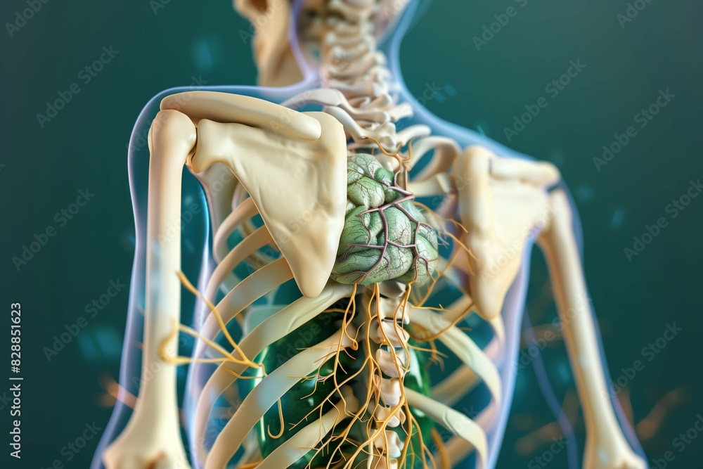 Lymphatic network, view Head shoulders of the thorax of the ribs of the ...
