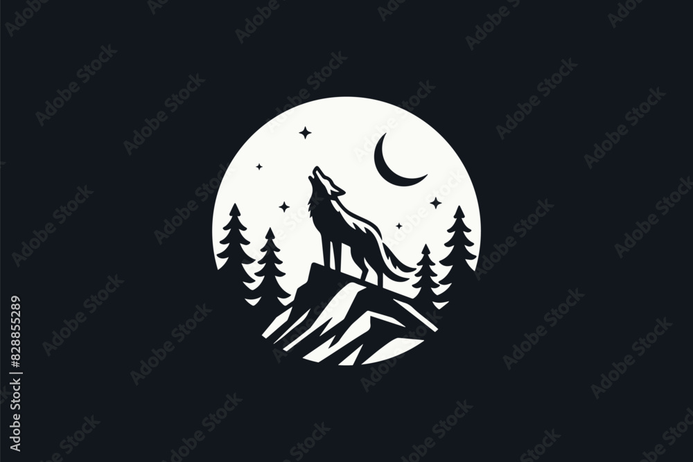 Wolf or Coyote Howling Under Moonlight at Forest Logo Silhouette ...