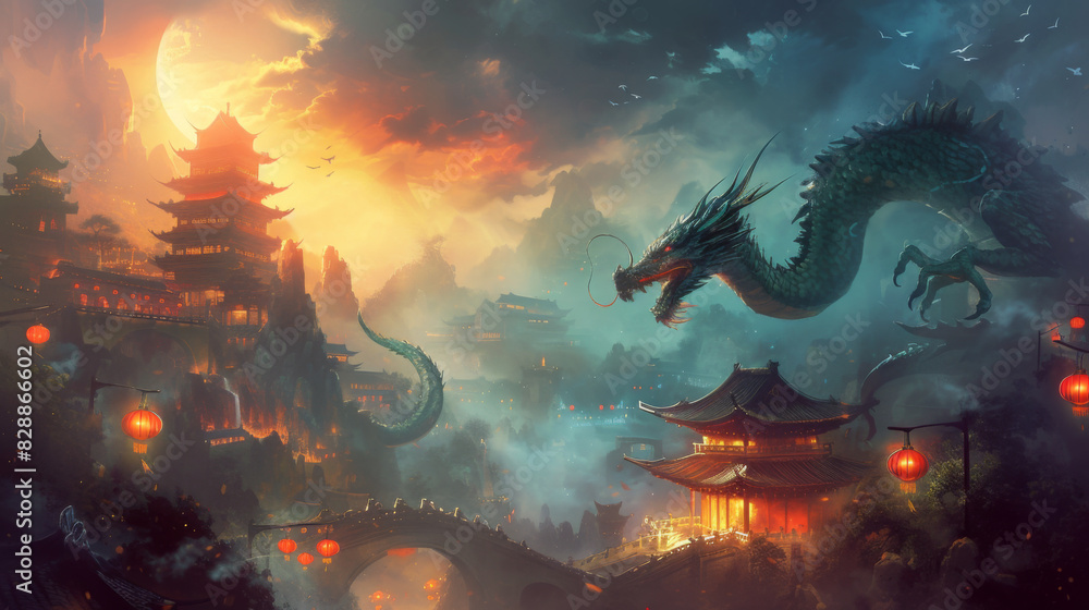 dragons and lanterns at the chinese countryside, in the style of ...