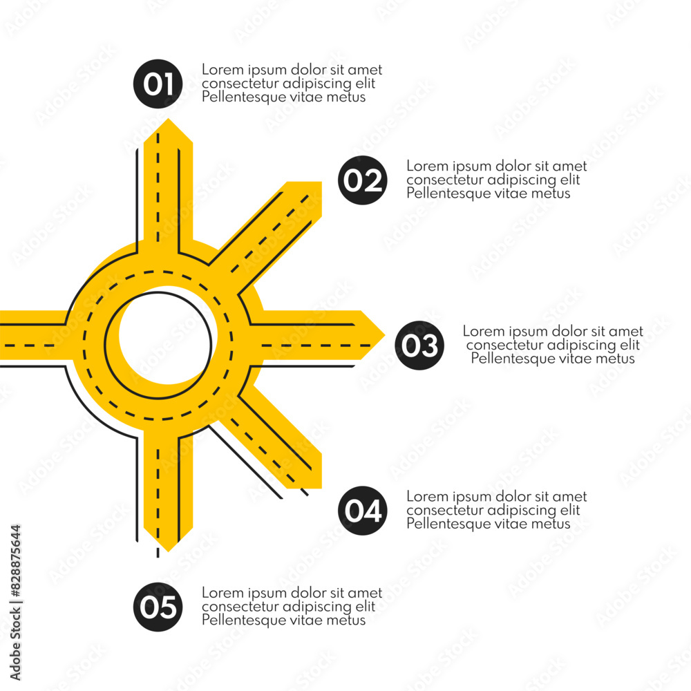 road line with ring crossroad and 5 different exits, yellow vector ...