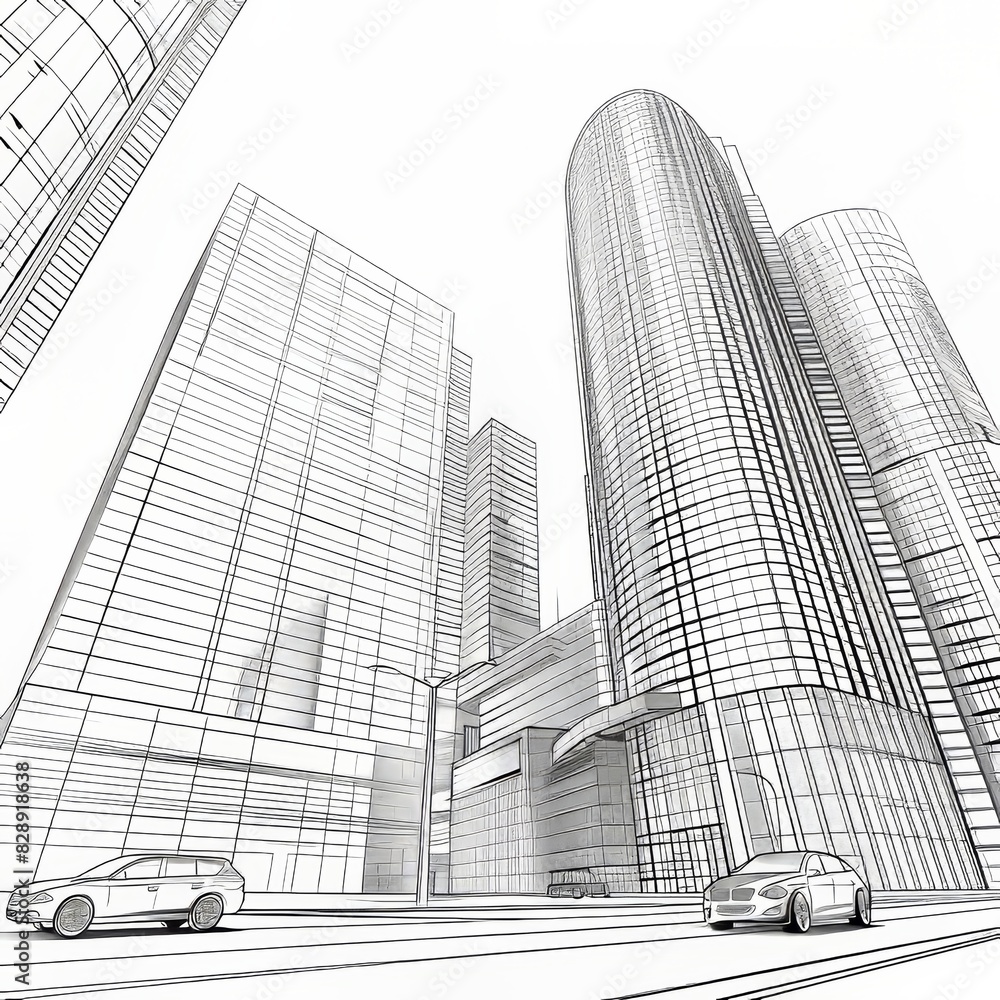 Architectural drawing of urban city buildings with lines and strokes ...