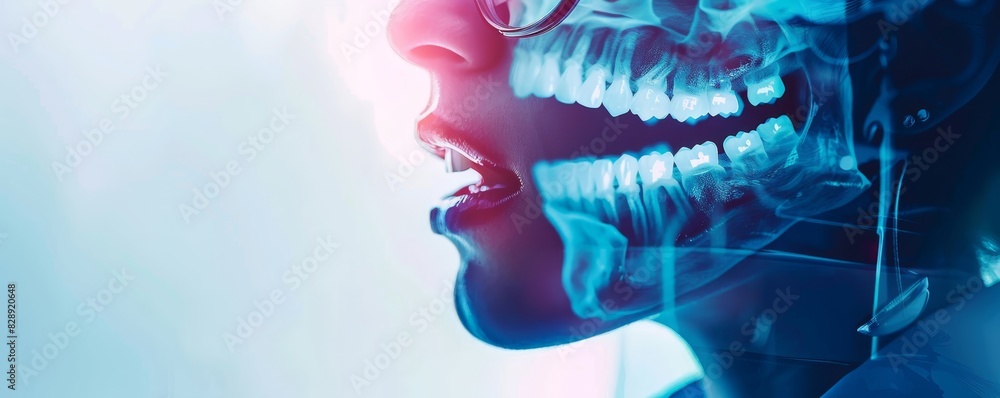 Side view of a human head in profile with a digital overlay of an X-ray ...