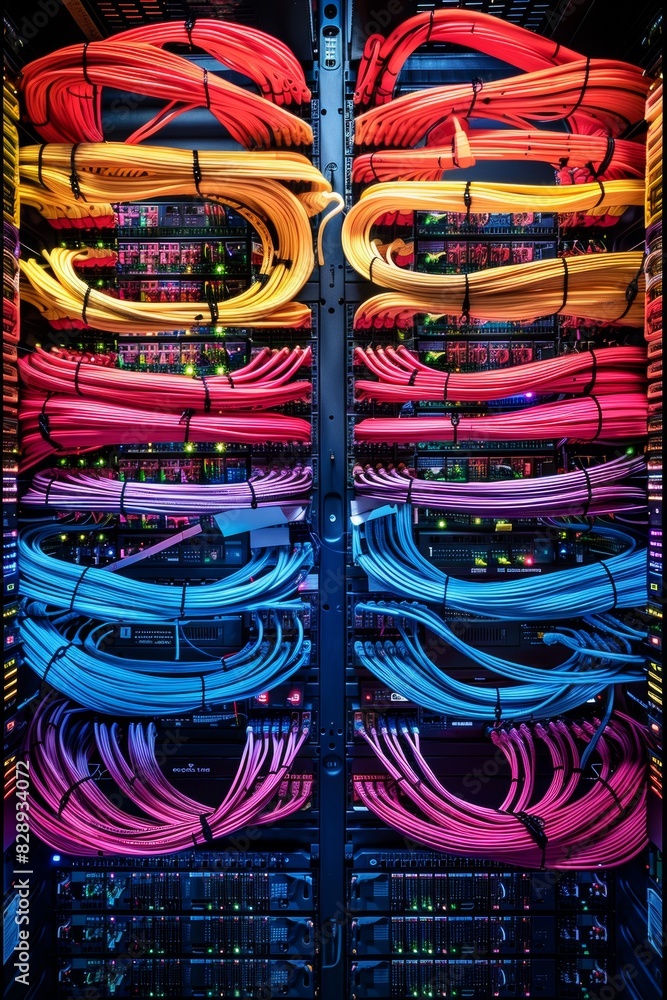 Network rack wiring diagram in blueprint style, color-coded cables ...