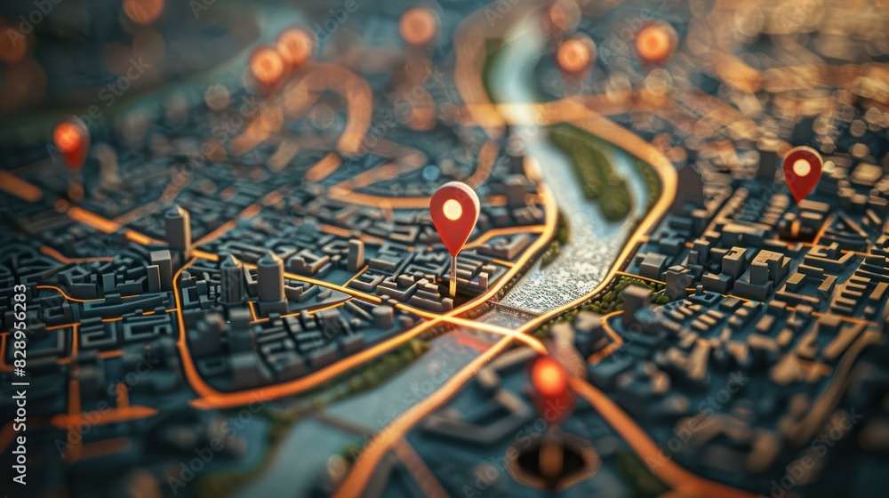 Detailed 3D city map with event markers and navigational paths ...