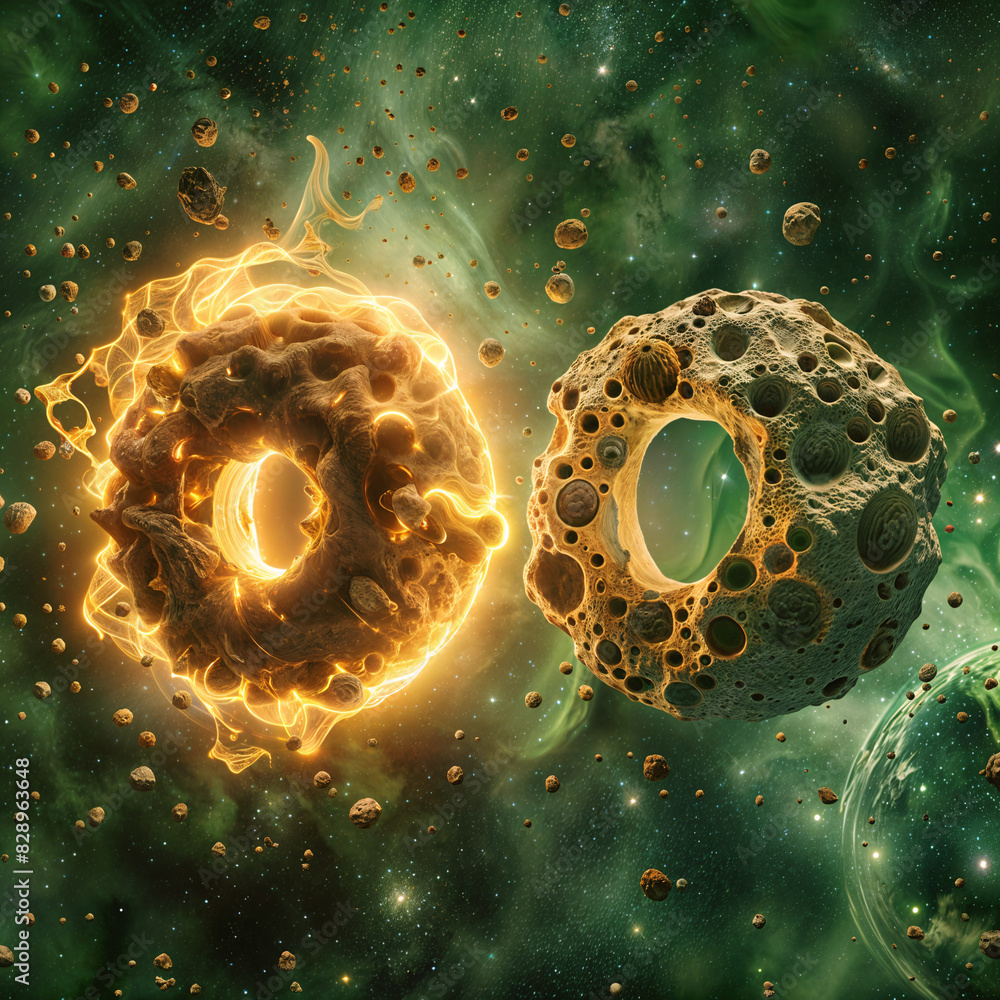 3D render two strange, round objects surrounded by green stars and ...