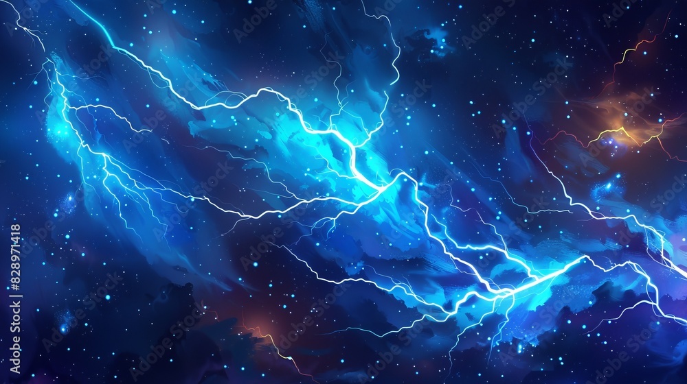 Cartoon blue lightning thunder and storm thunderbolt strike. Vector thunderstorm bolts. Cartoon ...