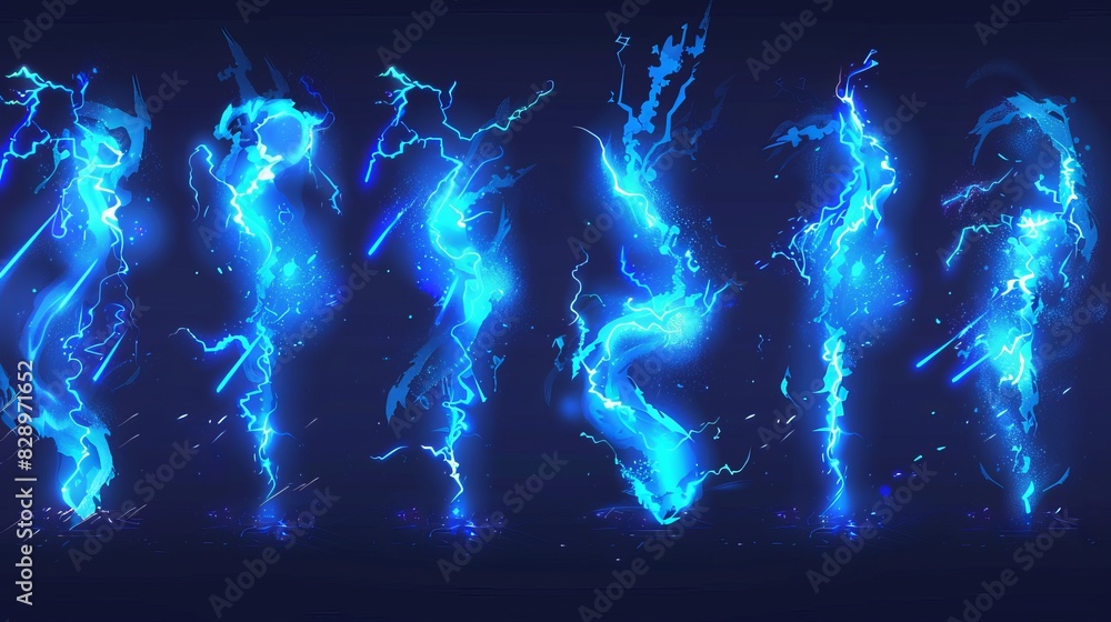 Animated cartoon lightning sprite. Blue vector thunderbolts strike in a sequence of frames for a ...
