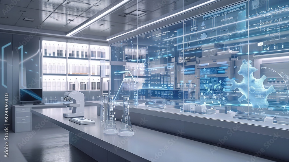 A modern pharmaceutical lab with sleek, transparent displays showing ...