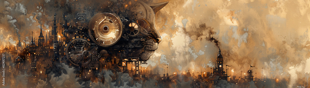 Steampunk cat robot god with mechanical gears and brass elements ...