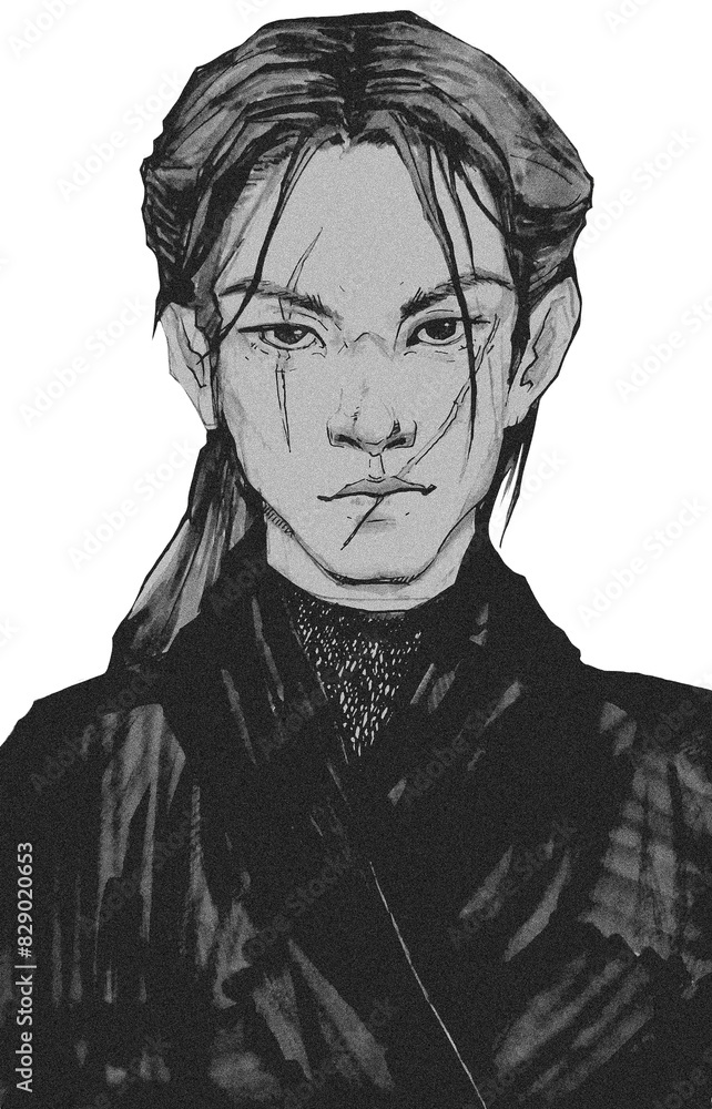 Ilustración de Stock Drawing young comic style man face scar. Asian ...