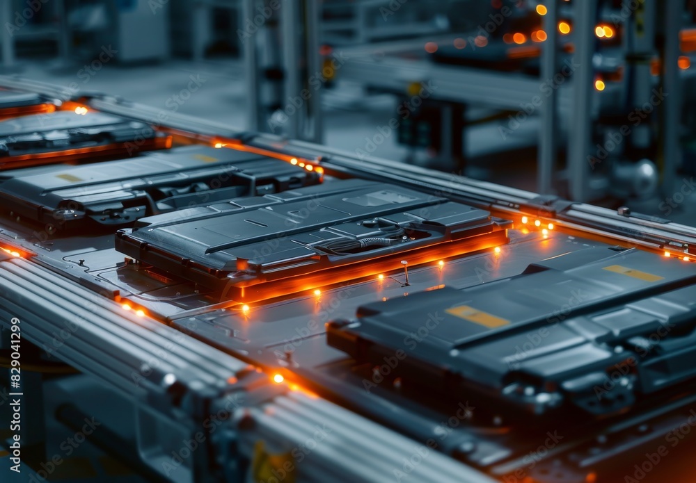 Close-up of lithium-ion cells in high-voltage electric vehicle battery ...