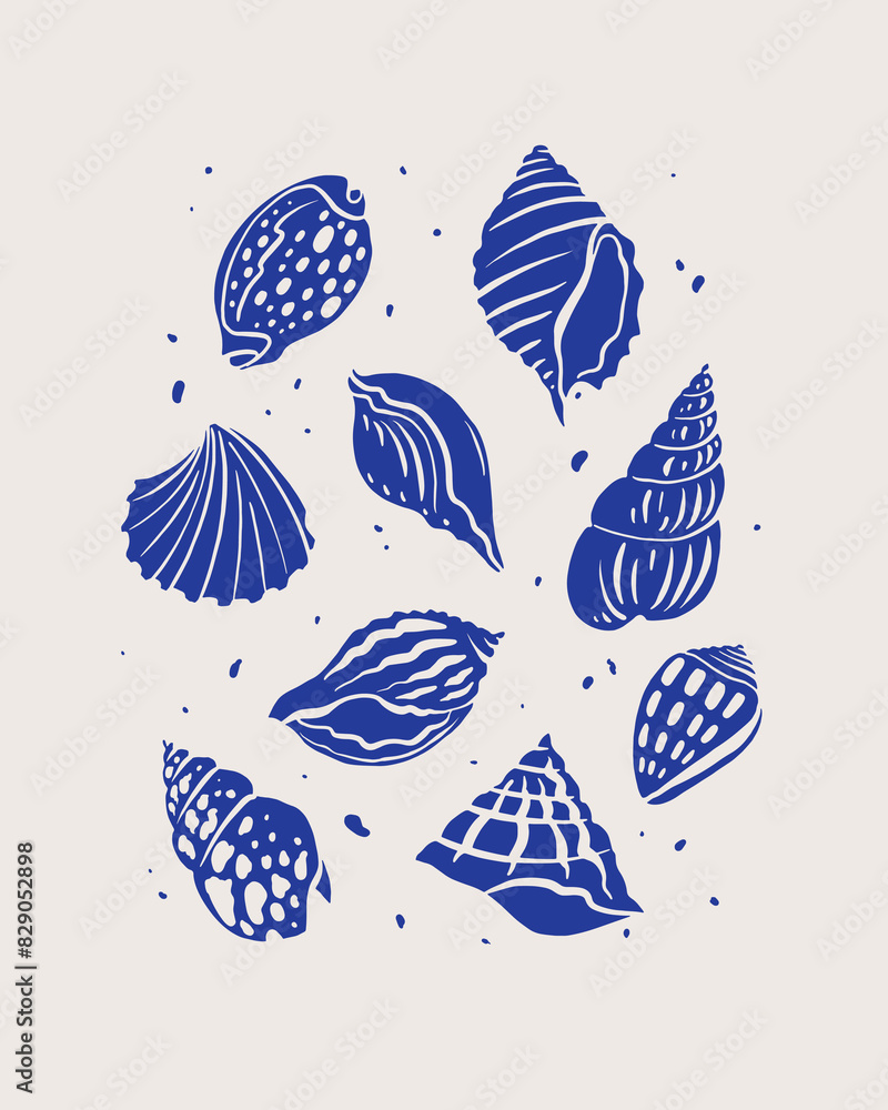 Set of blue seashells, linocut. Empty shells of different shapes: coils ...