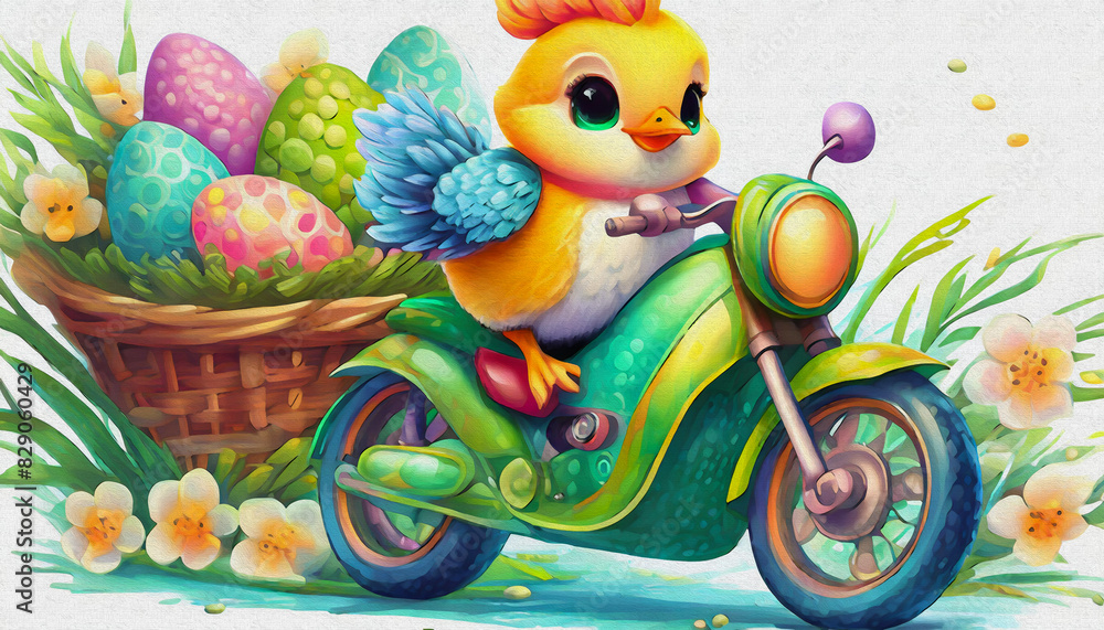 OIL PAINTING STYLE CARTOON CHARACTER CUTE baby YELLOW CHICKEN ride ...