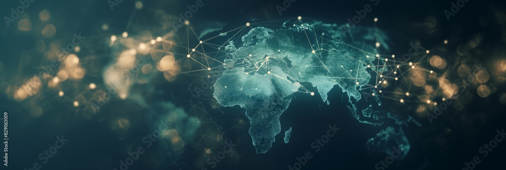A digital representation of a global map with glowing connections ...
