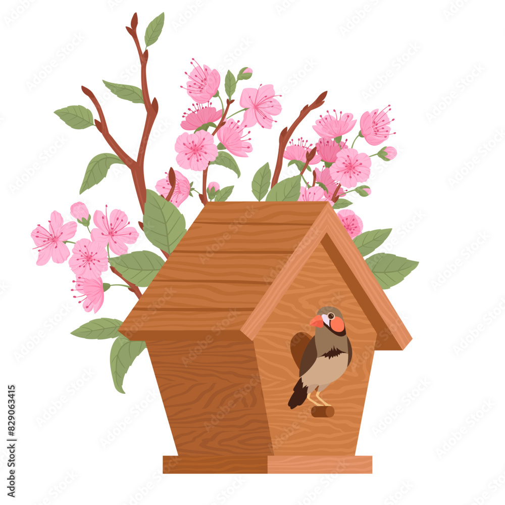Wooden bird house on blooming tree. Bird house with feeder, hand ...