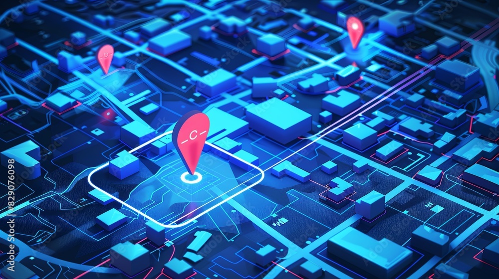 Red marker pinpointing a location on an isometric GPS tracking map. Abstract digital art ...