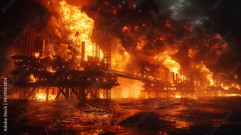 A horrific scene with explosions and fire. An oil rig, bursting with ...
