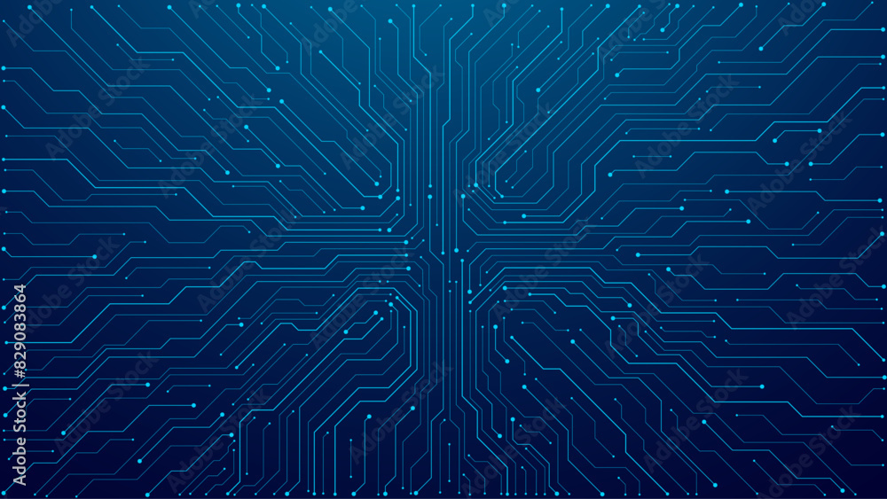 Thin circuit trace lines in blue on a dark technology background ...