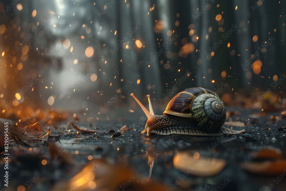 Snail walking on the ground, walking slowly between wet leaves between ...